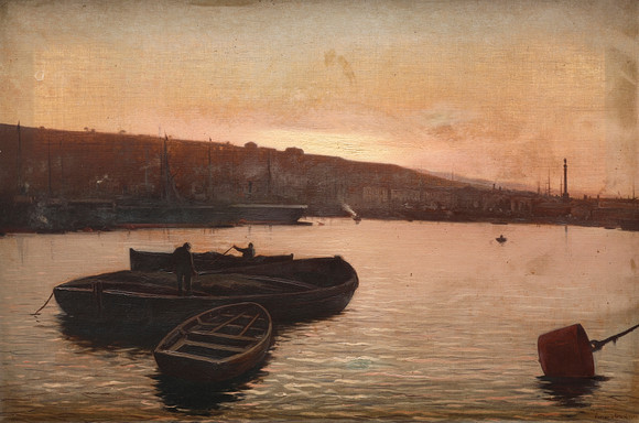 JOAQUÍN FERRER Y PALLEJÁ. Barcelonas hamn. Konst - Måleri - Auctionet
