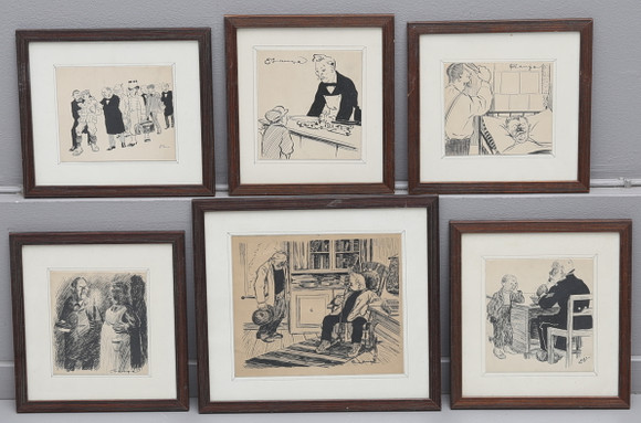 ERIK LANGE, SIX SATIRICAL DRAWINGS, signed, ink. Art - Drawings - Auctionet