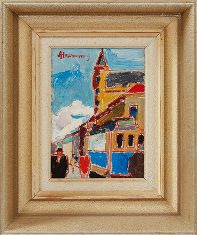 WILHELM HENNING. Göteborgsmotiv med spårvagn, olja på pannå, signerad ...