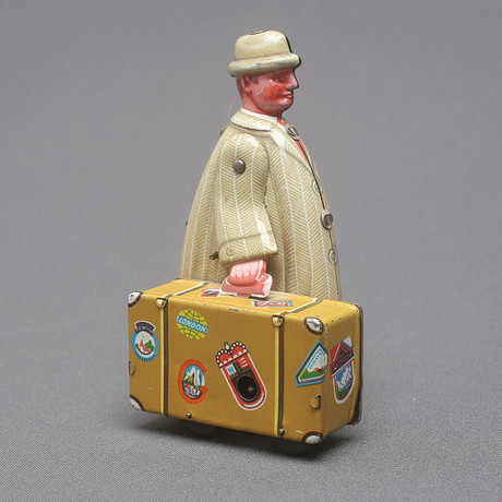 FRITZ VOIGT, man with suitcase, tin toy, clockwork, Germany, 1950s ...