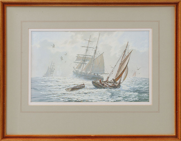 JOHN MICHAEL GROVES. Navy, ship at sea, mixed media, signed and dated ...