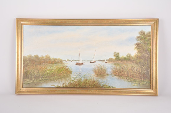 J.KUCZMANN. Sommar sjölandskap med segelbåtar. Olja på duk. Konst ...