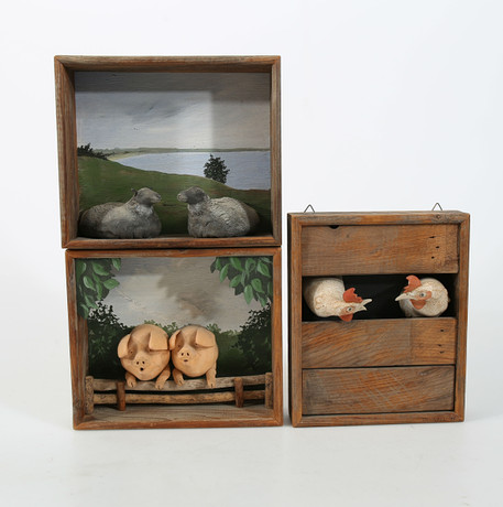 JOHAN THUNELL. Wall paintings, wood and ceramics, 3 pieces, signed ...