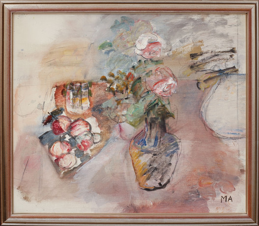 MAJ ARNELL. "Cut roses and apples". Oil on canvas, signed on verso and ...