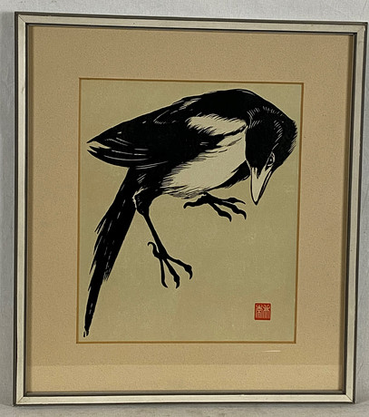 --UNBEKANNTER KÜNSTLER -. Magpie, woodcut on paper. Asiatica - Auctionet
