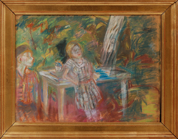 ERIC HALLSTRÖM. Girl and boy at table. Pastel, signed. Art - Paintings ...