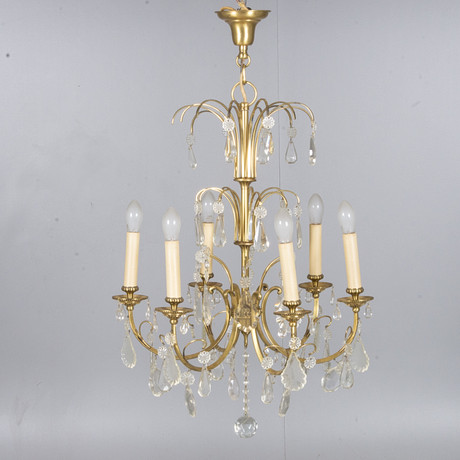 LJUSKRONA, 6-armad, mässing med prismor, 1900-talets mitt. Belysning ...