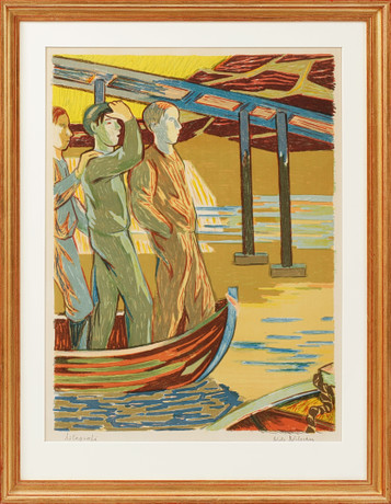 NILS NILSSON. Boys in a boat. Color lithograph, signed. Art ...