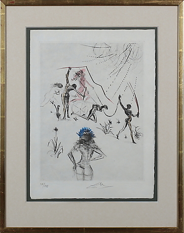SALVADOR DALI. Models. Color staining on rice paper. Signed Dali. 58/ ...