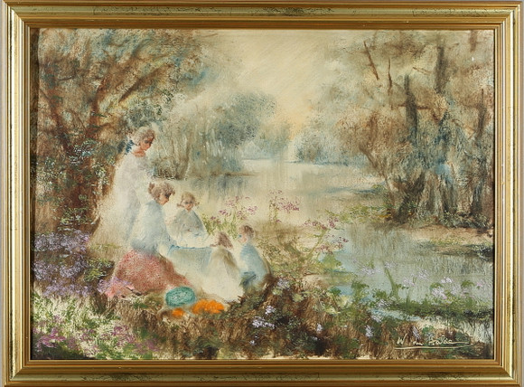 WALTER DU HALDE. Picnic by the water, oil on canvas, signed. Art ...