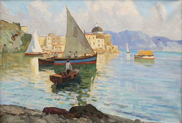 KNUT NORMAN (1896-1977). Italian rannikkomaisema, öljy kankaalle ...