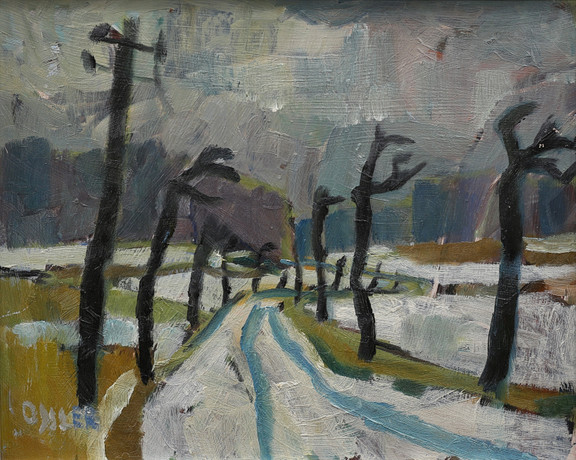 BENGT OSSLER. Country road in winter landscape, oil on Board, signed ...