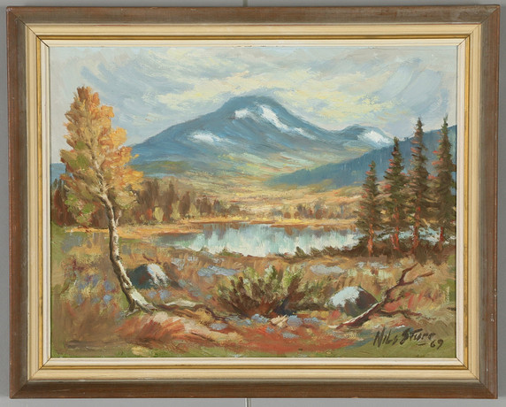 NILS STURE. Oil on Board, "Åreskutan från Helgesjön", signed and dated ...