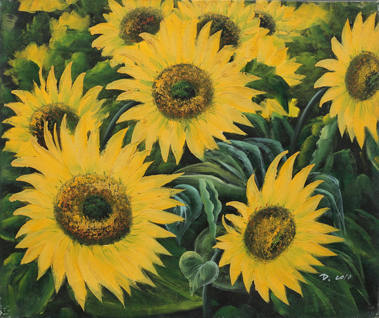 OIDENTIFIERAD KONSTNÄR. Solroser, olja på duk, signerad D Coio. Konst ...