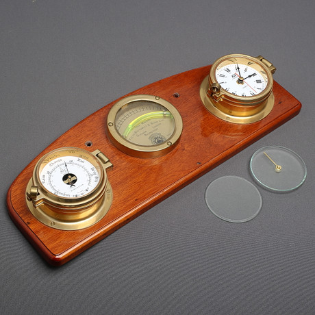 SHIP'S CLOCK, BAROMETER, mounted on a wooden plate, 19/2000s ...