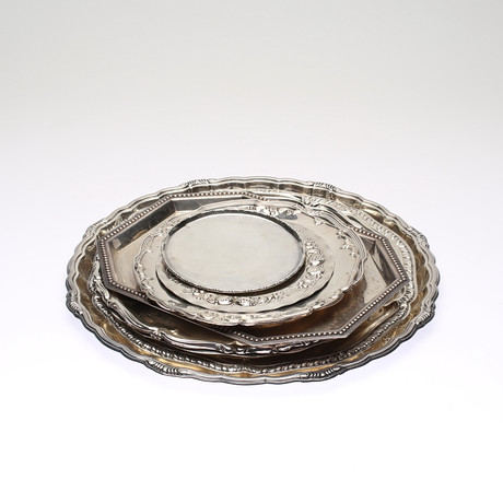 PLATES/SERVING PLATE, 9 pieces, nickel silver, including Dufva and GAB ...