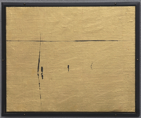 ARNE OLSSON. coastal landscape, oil on gold ground, monogram signed ...