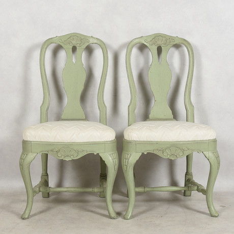 SILLAS, pareja, madera pintada de verde, estilo rococó, primera mitad ...