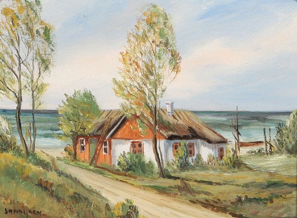 STEN STURE SANDGREN. Coastal landscape with houses, oil on canvas ...