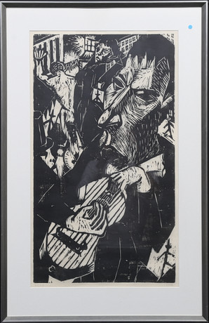 PETER UHR. The gloomy fiddler in lively surroundings. Woodcut, signed ...