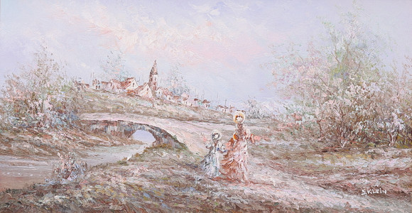 GERTRUD KLEIN. Landscape with people, oil on canvas, signed. Art ...