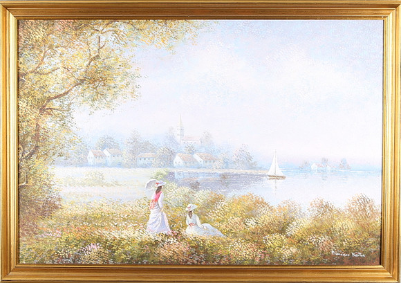 FRANCISCO BERTEA. Girls by the lake, oil on canvas, signed. Art ...