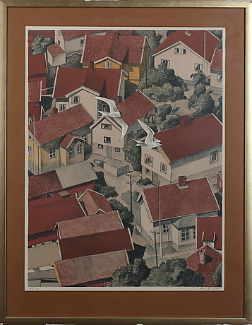 FOLKE LINDH. Hustak med flygande fiskmåsar. Färglitografi. Signerad och ...