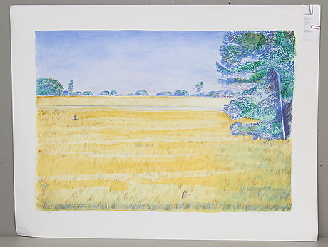 HANS HERMANSSON. Plain landscape with trees. Color lithograph. Signed ...