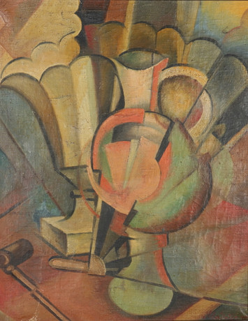 MANNER OF ALEXANDRA EXTER. KUBISTISKA STILLEBEN AV EN FLÄKT OCH VAS PÅ ...