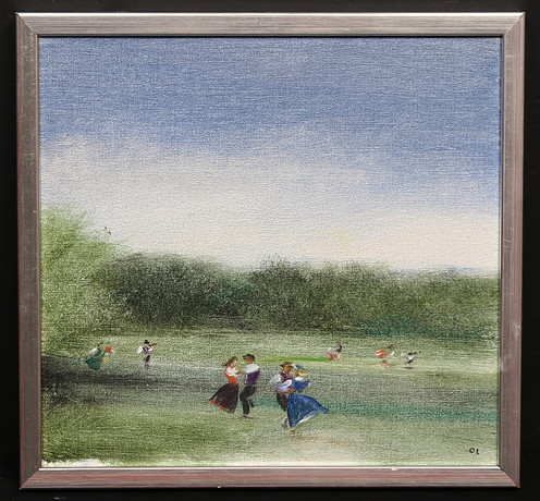 OLLE LINDGREN. "Dans i sommarnatt". Olja på duk, monogramsignerad ...