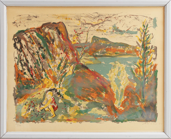 ALBIN AMELIN. Landscape with figure, color lithograph, signed and ...
