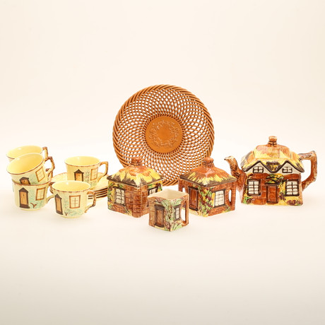 TEA SET PARTS, 11 pieces, including Keele Pottery, Staffordshire. FAT ...