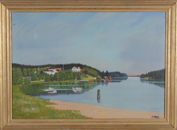 HED OLOF OLSSON. Kustlandskap med hus och sjöbodar, olja på duk ...