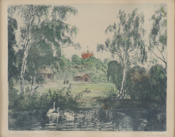 ANDERS HELLER. etsning, signerad,Svandammen Skansen Stockholm. Konst ...