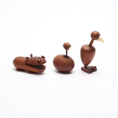 SCULPTURES, 3 pcs, Hippopotamus, condor and ostrich, teak, "Royal Pet ...