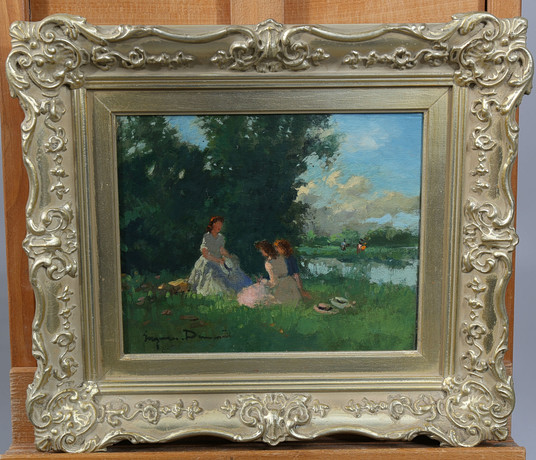 SUZANNE DEMAREST. Oil on canvas, Picnic in the green grass, signed. Art ...