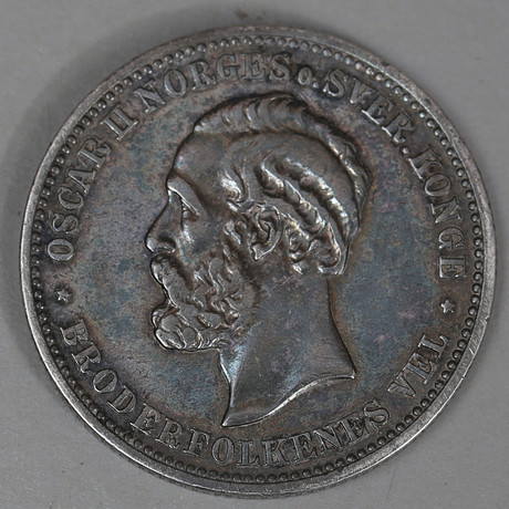 MYNT, 2kr, Oscar II Norges o Sver. Konge, broderfolkenes vel, 1878 ...