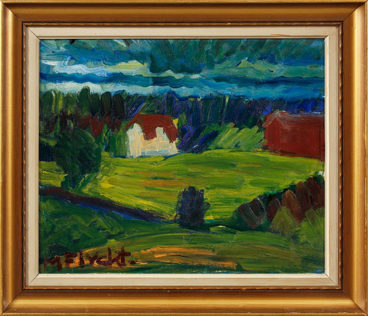 MANFRED FLYCKT. Landscape with houses, oil on Board, signed. Art ...