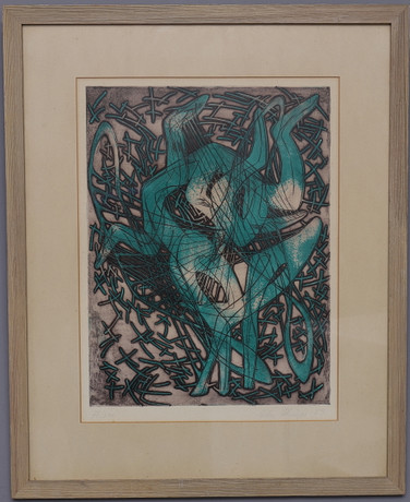 HELEN PHILLIPS. etching, abstract motif, signed, dated -53, numbered 78 ...