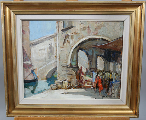 KNUT NORMAN. Oil on Board, Market in Venice, signed. Art - Paintings ...