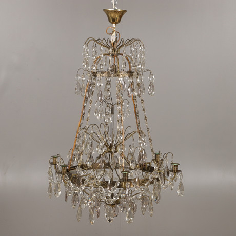 LJUSKRONA, 6-armad, mässing med prismor, gustaviansk stil. Belysning ...