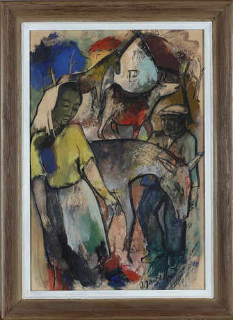 OSKAR GAWELL. Landscape with animals and figures, gouache, signed. Art ...