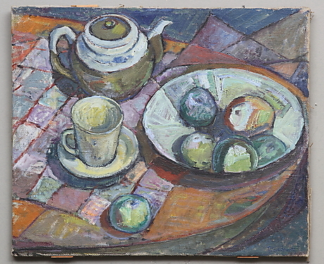 RUNE LUNDMARK. Still life with teapot, cup and fruit bowl. Oil on ...