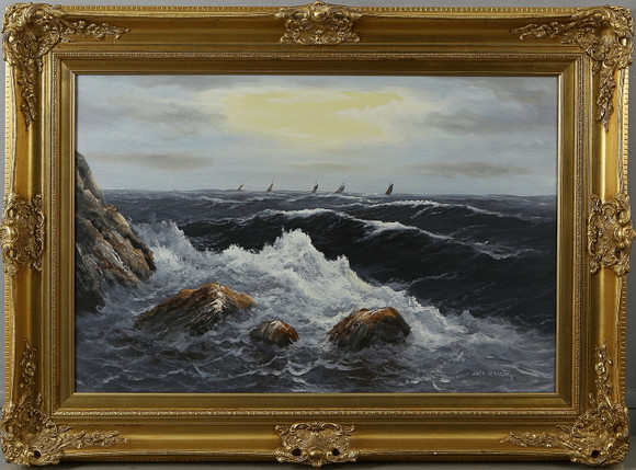 LARS NORBERG. Marint motiv med båtar, olja på duk, signerad. Konst ...