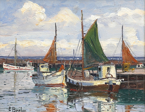 ERIC BREHM. Fishing port. Oil on Board, signed. Art - Paintings - Auctionet
