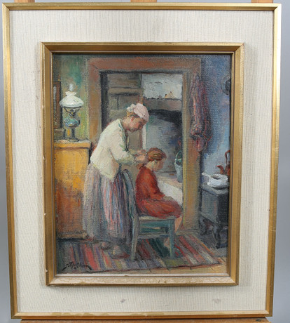 GOTTFRID OLSSON. Oil on Board, Woman braiding hair, signed. Art ...