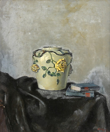 BROR HILLGREN. Still life with flower vase and books. Oil on canvas ...