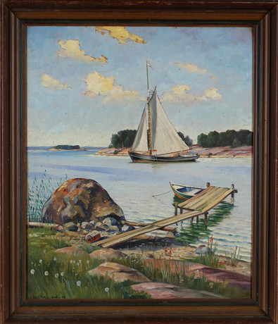 RAGNAR C. HALLQUISTH. Coastal landscape with sailboat, oil on Board ...