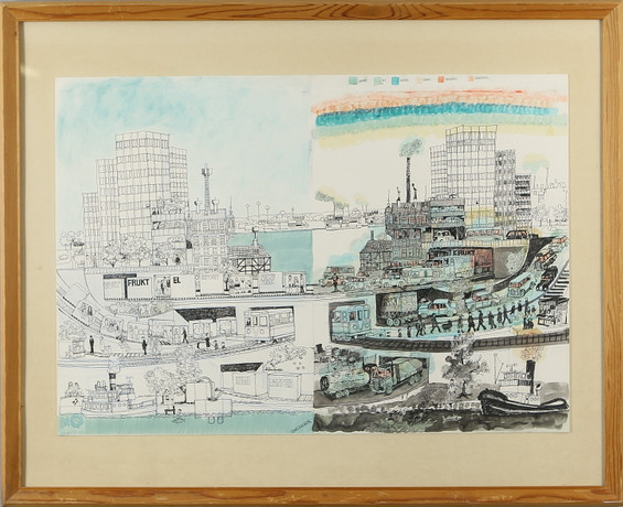 CLAES FOLCKER. Byggnader, blandteknik, signerad. Konst - Måleri - Auctionet