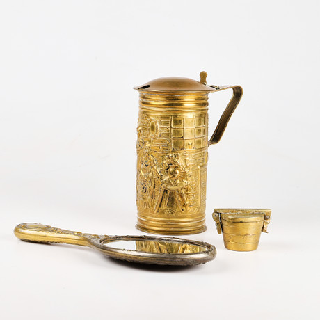 MIRROR, MEASURING SET AND CUP, brass, early 20th century. Silver ...